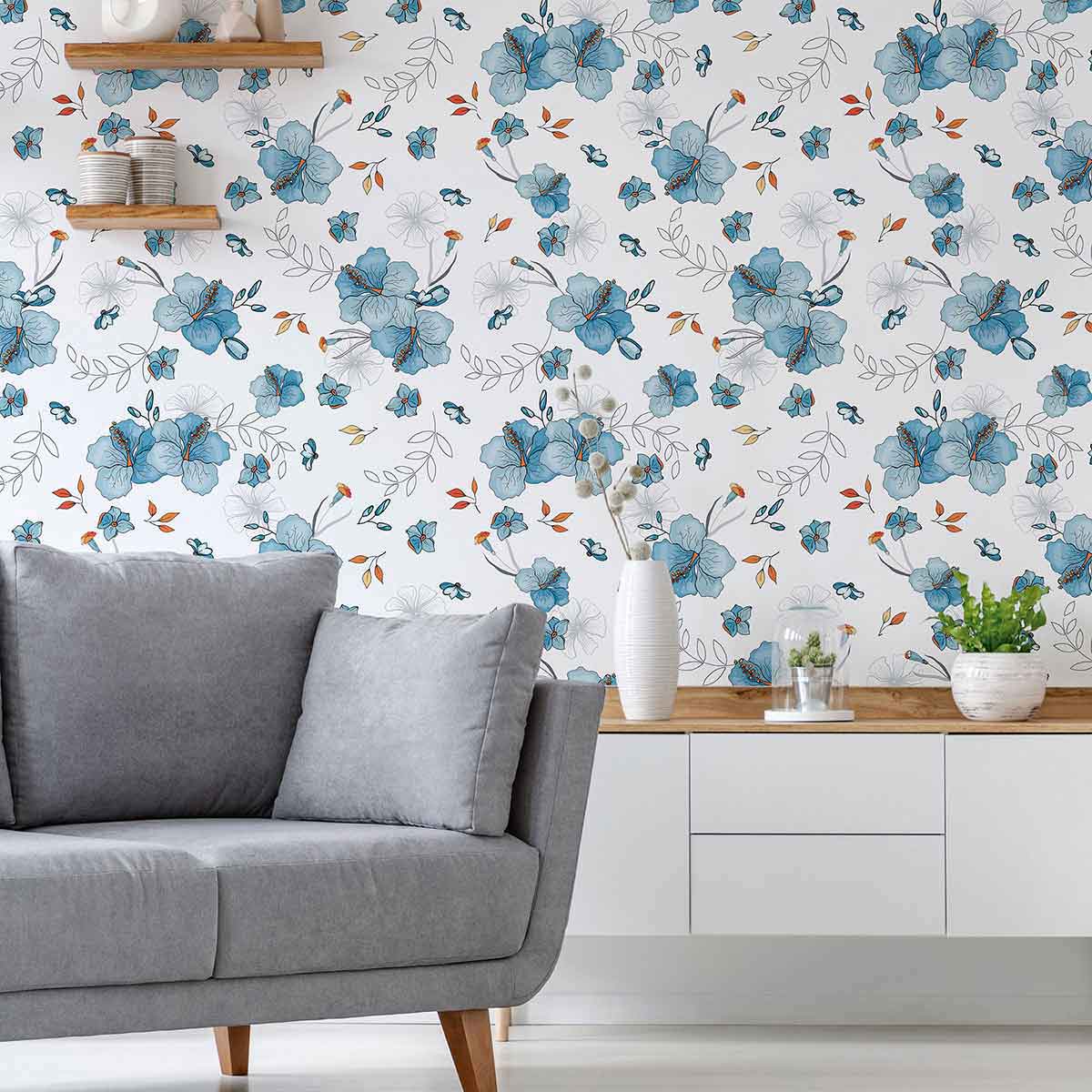 Blue Flower Peel and Stick Removable Wallpaper 3102 | Walls By Me